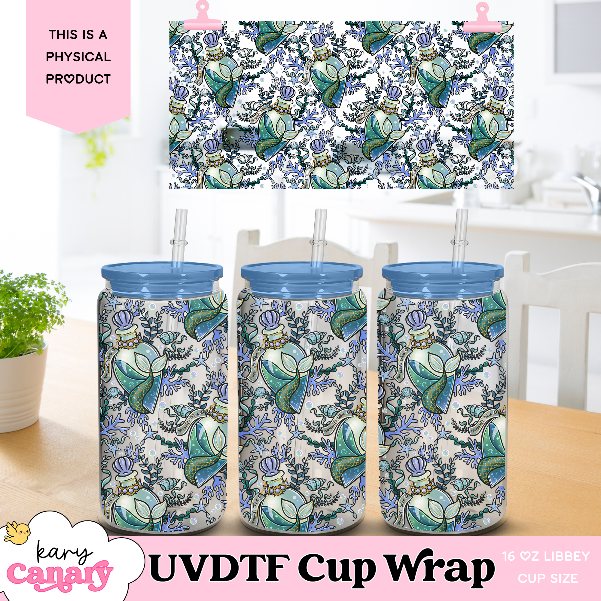 Mermaid Tears Cup Wrap | Kary Canary 16 oz Libbey Glass UVDTF